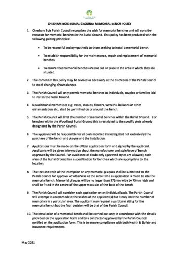 Burial Ground Memorial Bench policy May 2021 | Chesham Bois PC